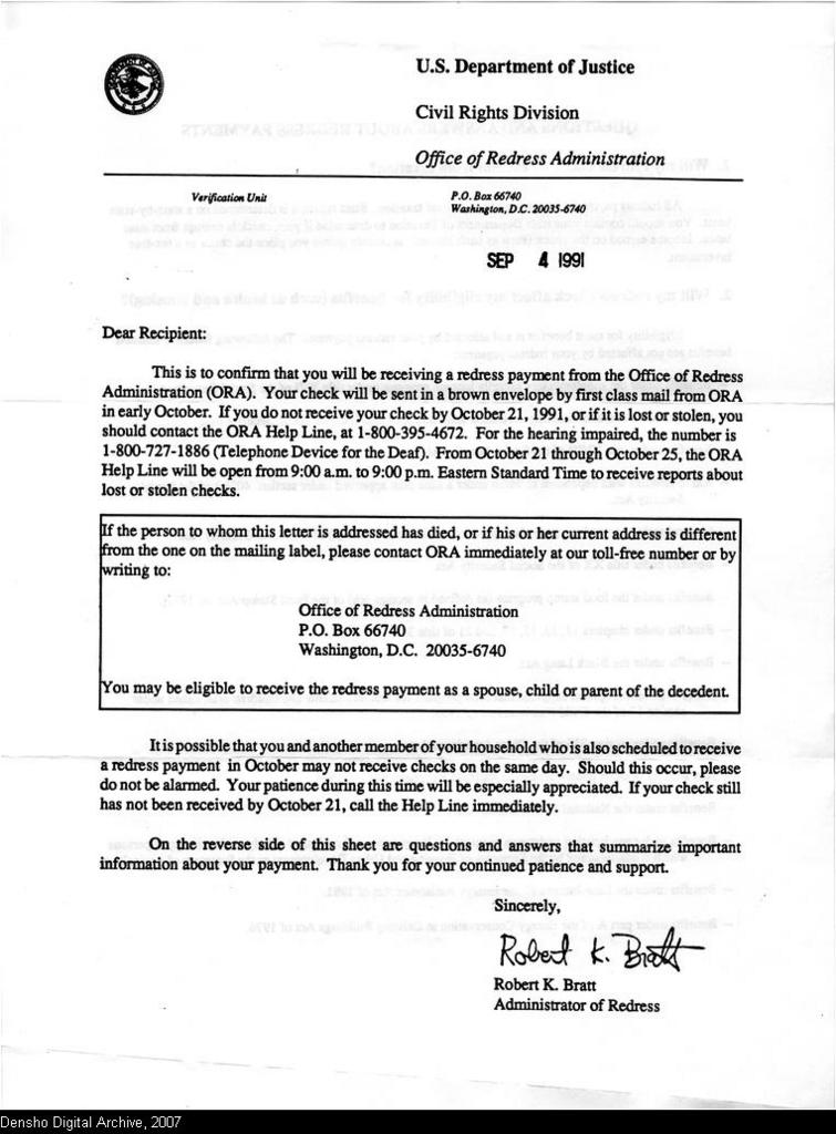 Redress Confirmation Letter | Discover Nikkei